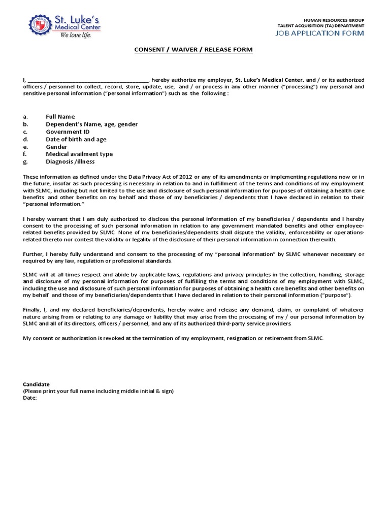 SLMC Job Application Form 2022 - FILLABLE | PDF | Employment | Consent