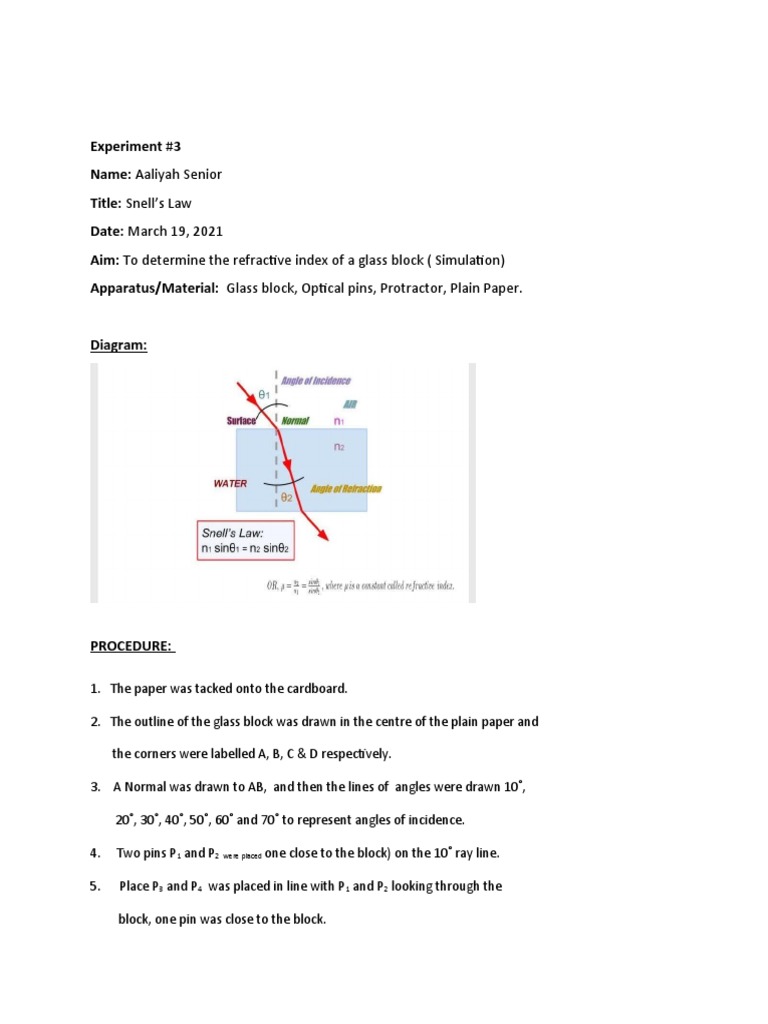 Refractive Index of Glass Block Experiment | PDF | Refraction ...