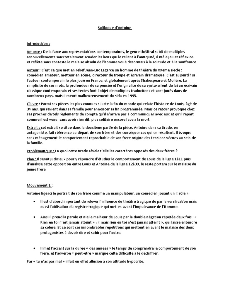 Soliloque d'Antoine : Conflit fraternel | PDF | Théâtre