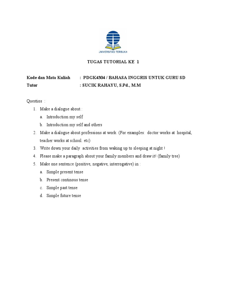 Tugas Tutorial 1 BHS Inggris (PGSD) | PDF
