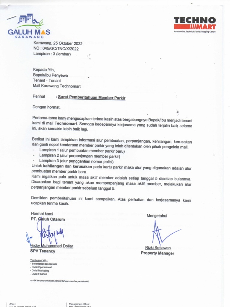 Surat Pemberitahuan Member Parkir - TMK110 | PDF