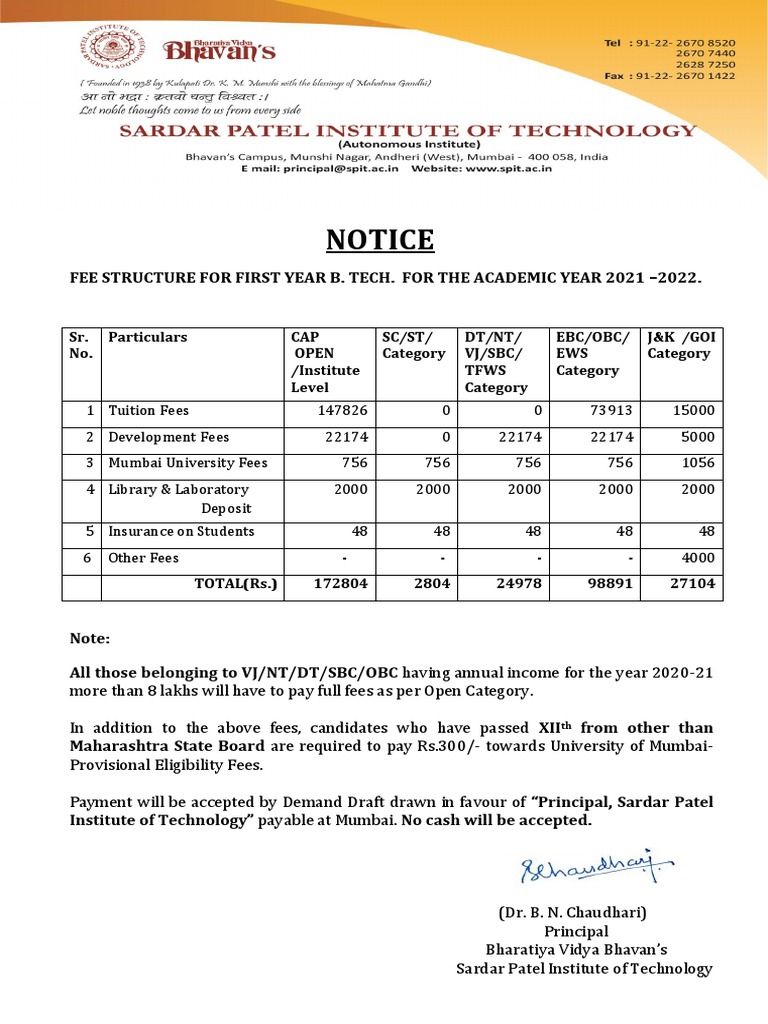 B. Tech First Year Fee Structure 2021-22 | PDF