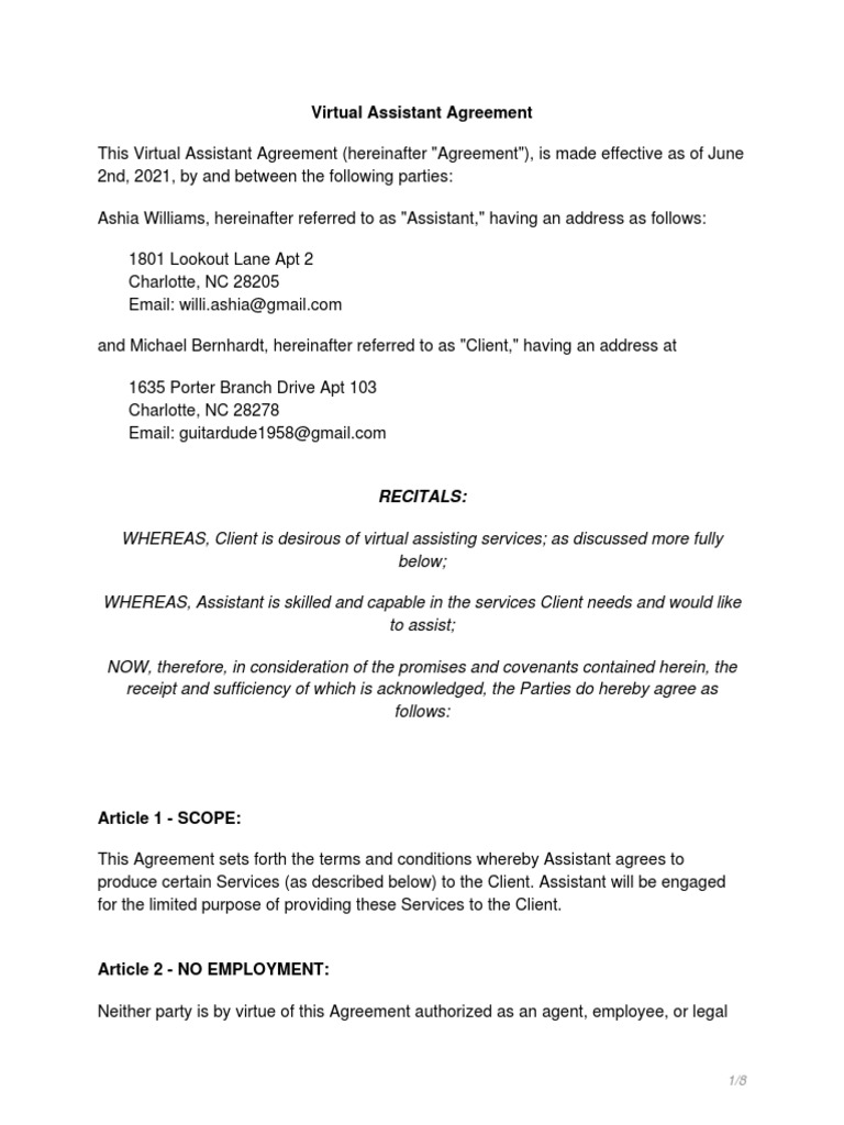 Virtual Assistant Agreement | PDF | Trade Secret | Arbitration