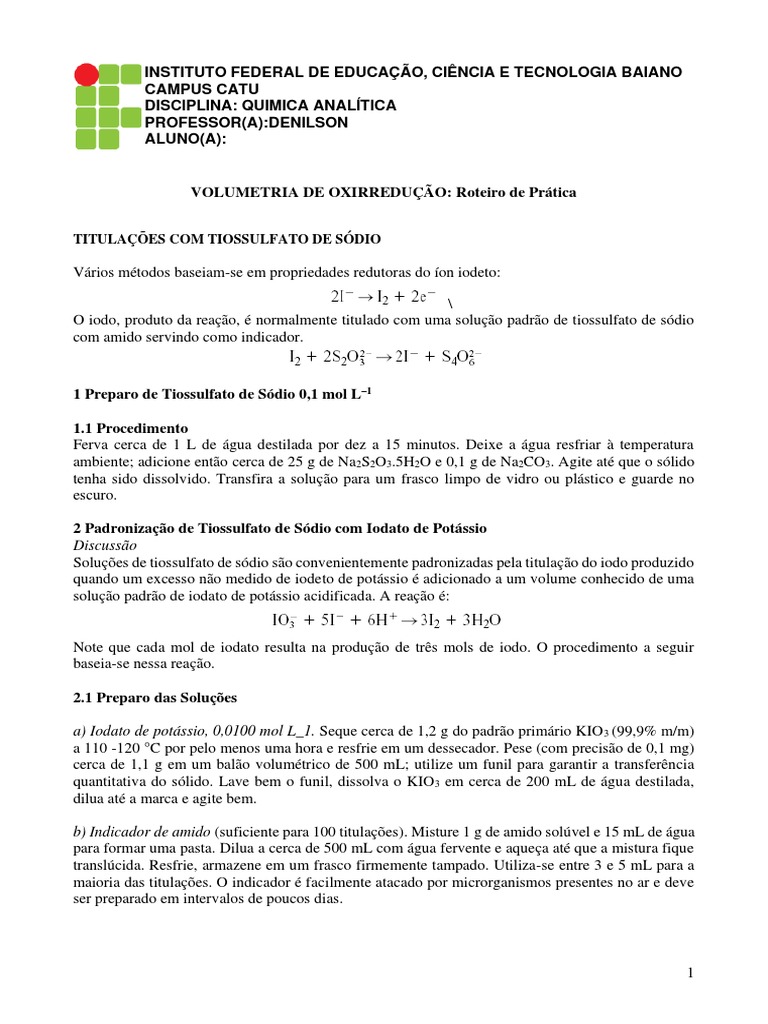 Roteiro Pratica Iodometria | PDF | Titulação | Química