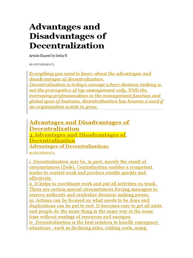 Advantages and Disadvantages of Decentralization | PDF ...
