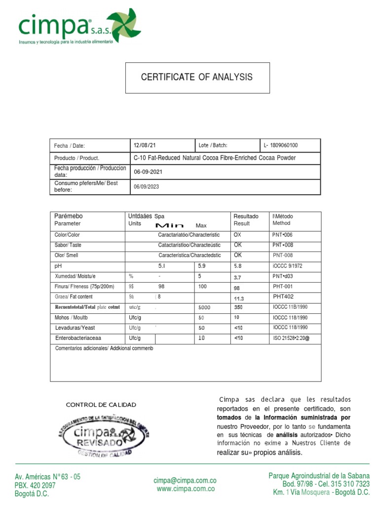 CERTIFICATE OF ANALYSIS FOR C-10 FAT-REDUCED NATURAL COCOA FIBRE ...