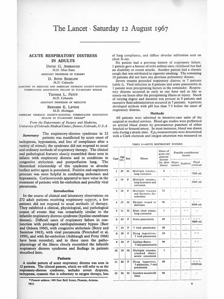Ashbaugh Et Al - 1967 - Acute Respiratory Distress in Adults | PDF