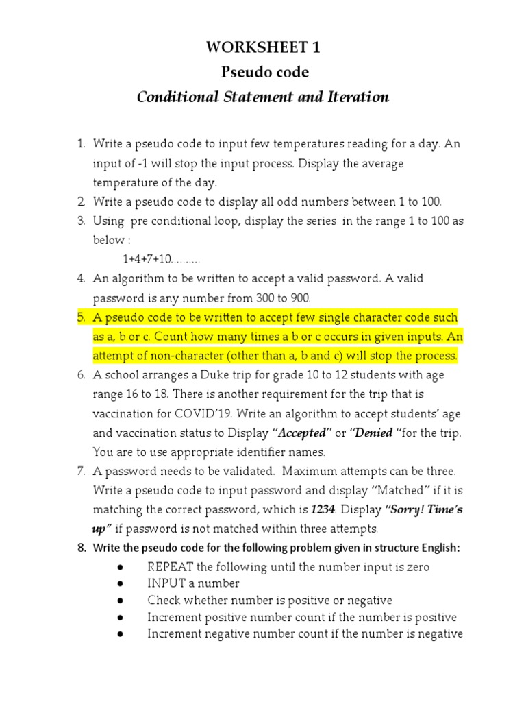 Pseudo Code Basics Worksheet | PDF | Computers