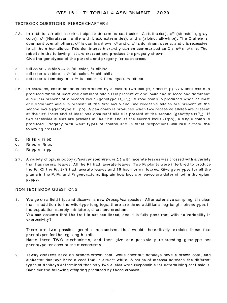 Tut 4 Assignment 2020 | PDF | Genotype | Dominance (Genetics)