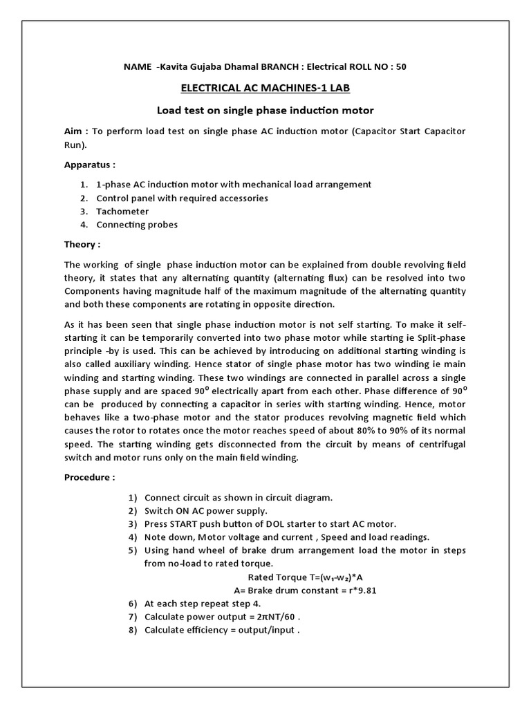 Circuit Diagram Of Load Test On Single Phase Induction Motor