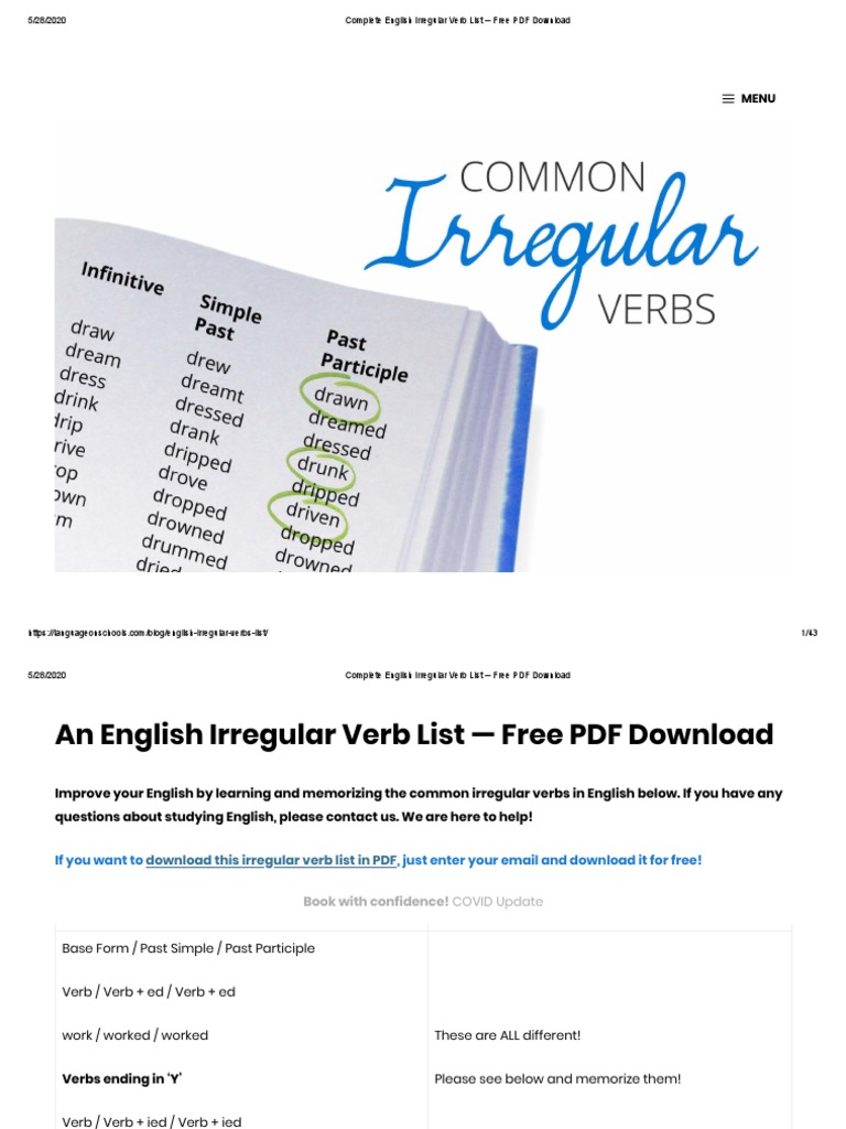 Complete English Irregular Verb List - Free PDF Download | PDF ...