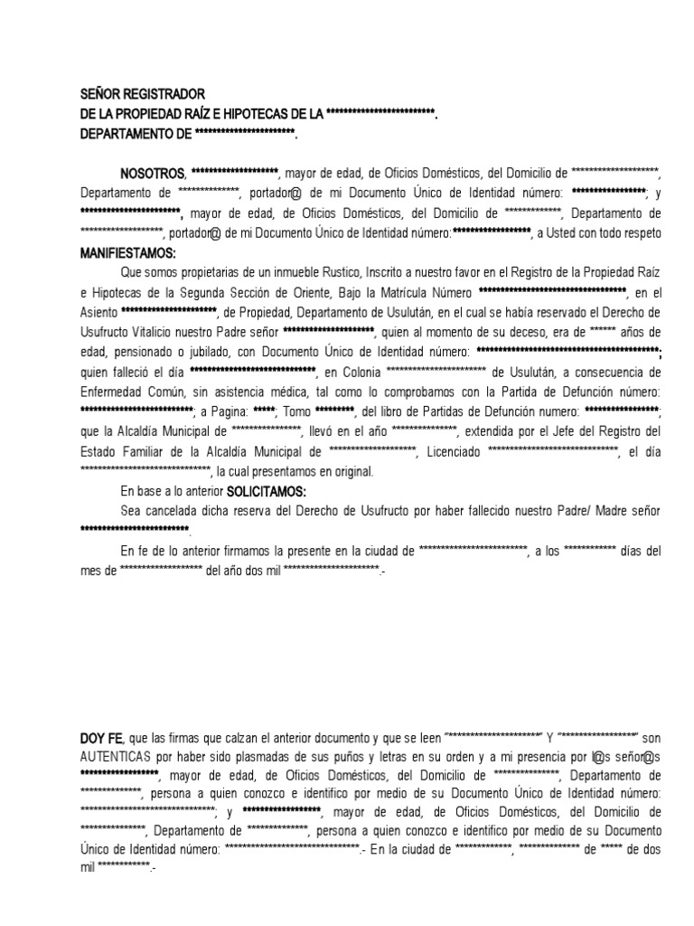 Modelo Escrito Cancelacion de Usufructo | PDF | Propiedad | Justicia