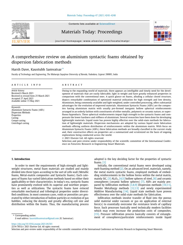 A Comprehensive Review On Aluminium Syntactic Foams Obtained by Dispersion Fabrication Methods ...