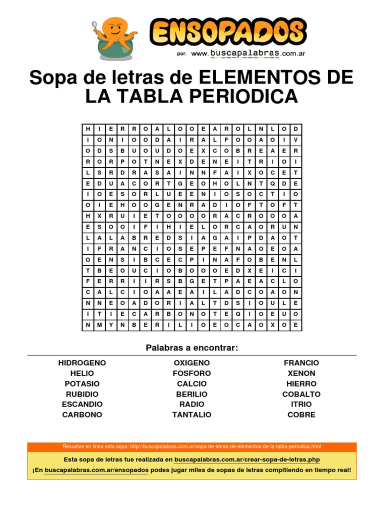 Sopa de letras de elementos químicos | PDF | Tabla periódica | Química