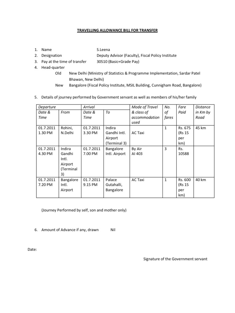 Travelling Allowance Bill For Transfer | PDF | Transport | Public Transport