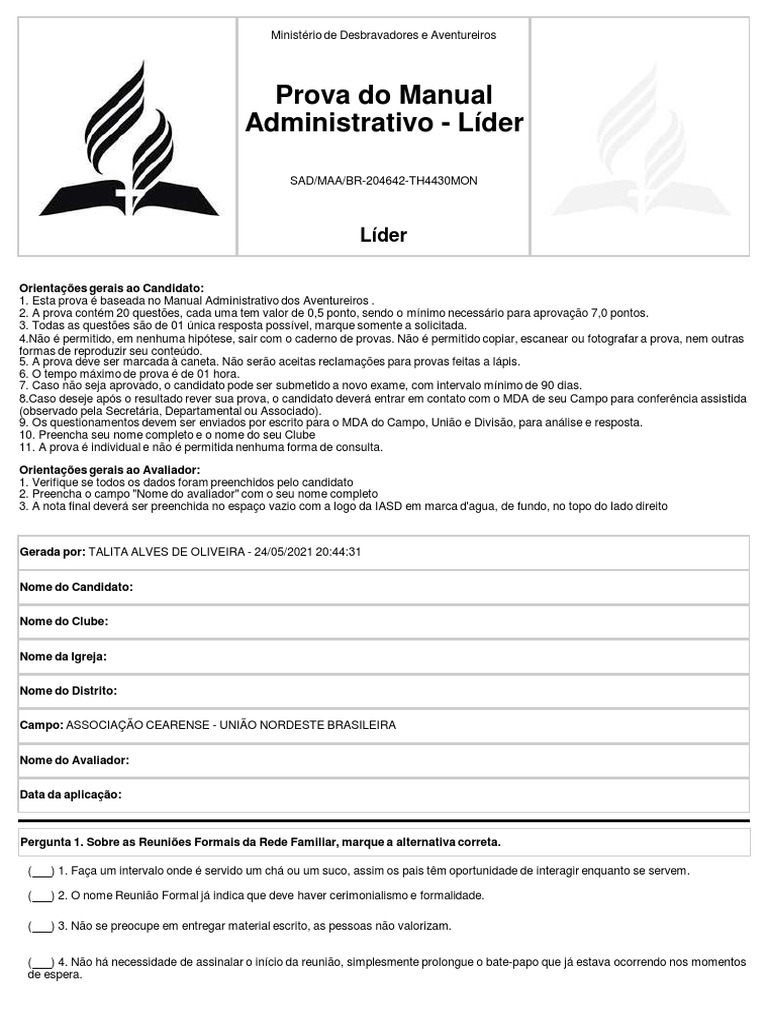 Prova Manual Adm Líder Avt 2021.1 | PDF | Batismo | Aprendizado
