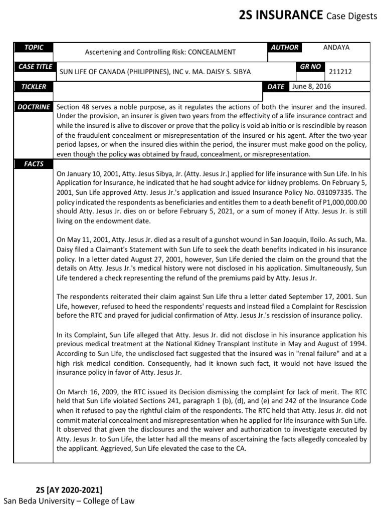 INSURANCE - Sun Life Canada (Philippines) Inc. v. Sibya | PDF ...