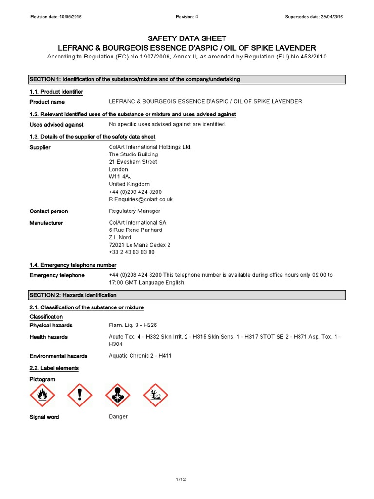 SDS Lefranc & Bourgeois Lavendelolie | PDF | Firefighting | Toxicity