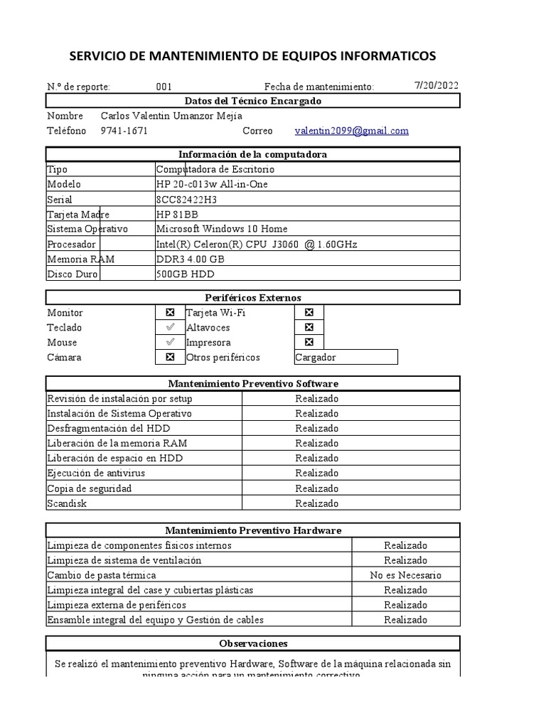 Reporte Mantenimiento | PDF | Hardware de la computadora | Periférico
