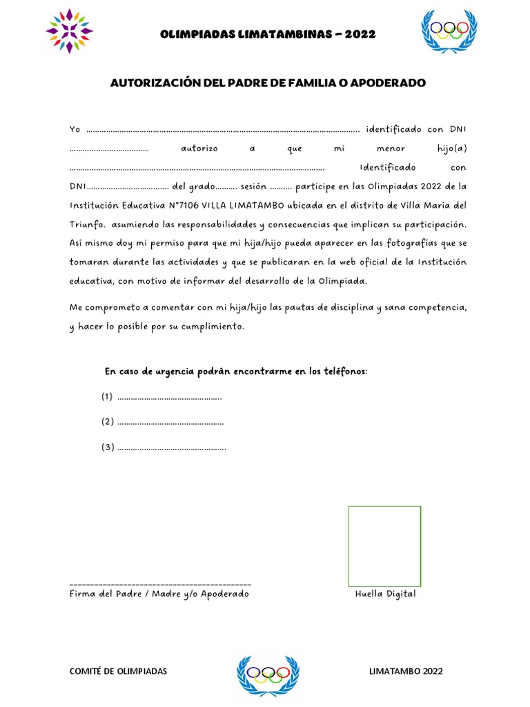 Autorización Del Padre de Familia o Apoderado | PDF | Crecimiento personal y profesional
