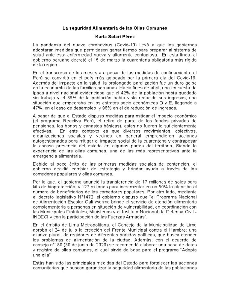 La Seguridad Alimentaria de Las Ollas Comunes | PDF | Perú | Seguridad alimentaria