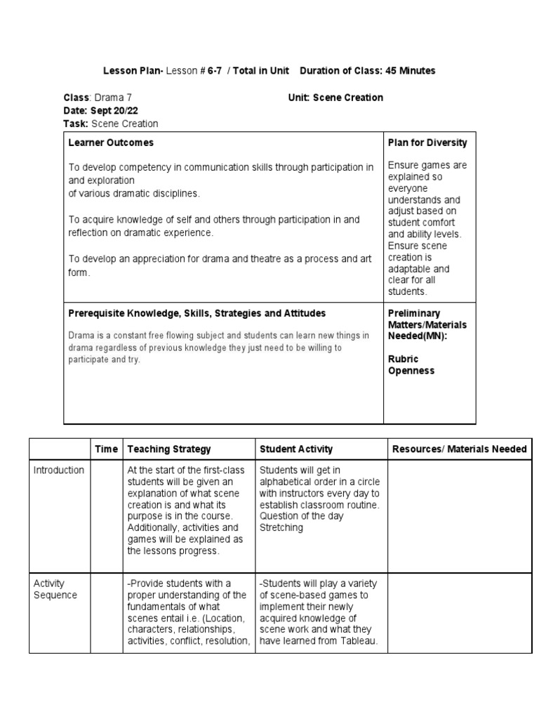 Drama 7 Week 3 Lesson Plan | PDF | Lesson Plan | Cognitive Science