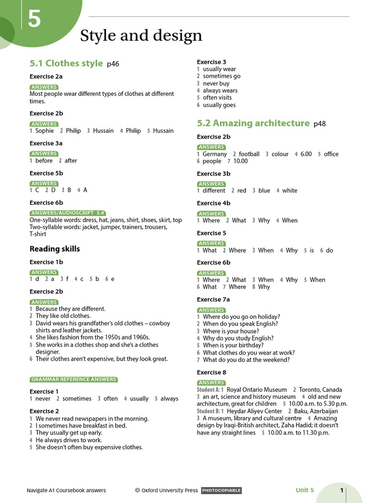 Navigate A1 Coursebook Unit 5 Answer Key | PDF | Clothing | Softlines ...