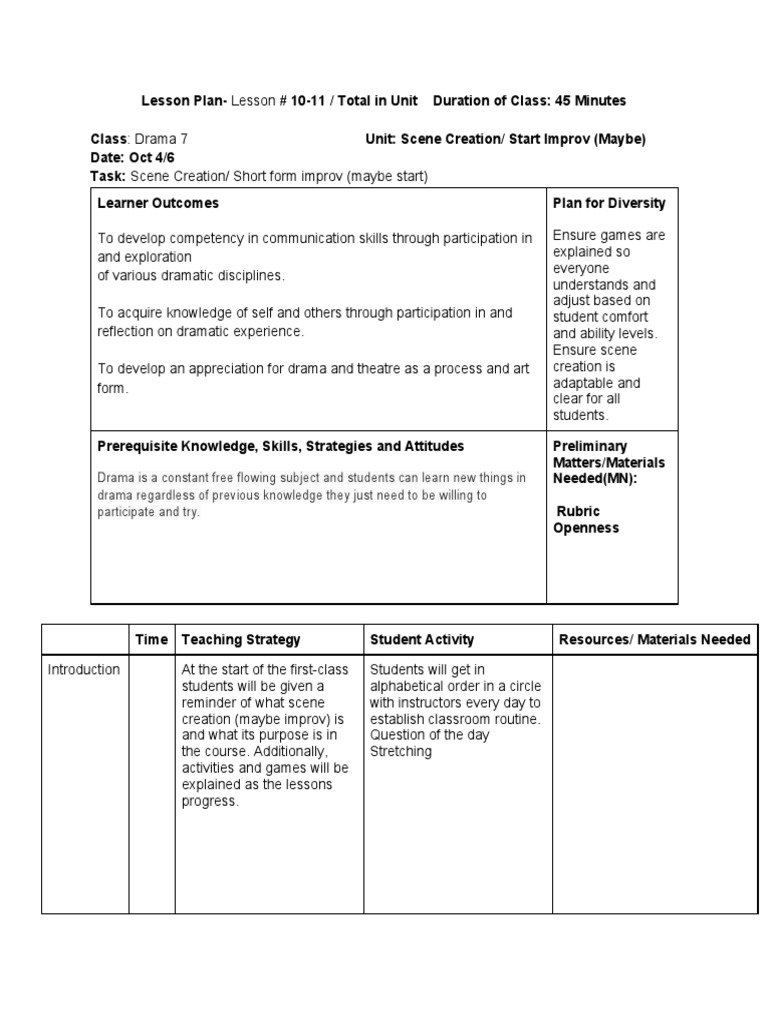 Year 7 Scene Creation & Improv Plan | PDF | Lesson Plan | Teaching Method