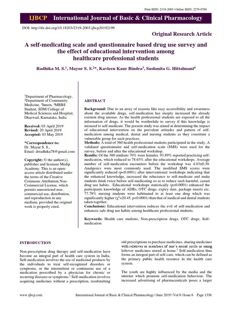 A Self-Medicating Scale and Questionnaire Based DR | PDF | Prescription ...