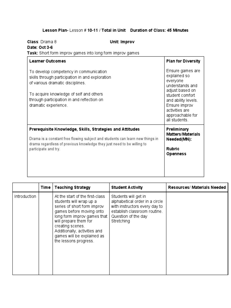Improv Games for Drama 8 Students | PDF | Lesson Plan | Improvisational ...
