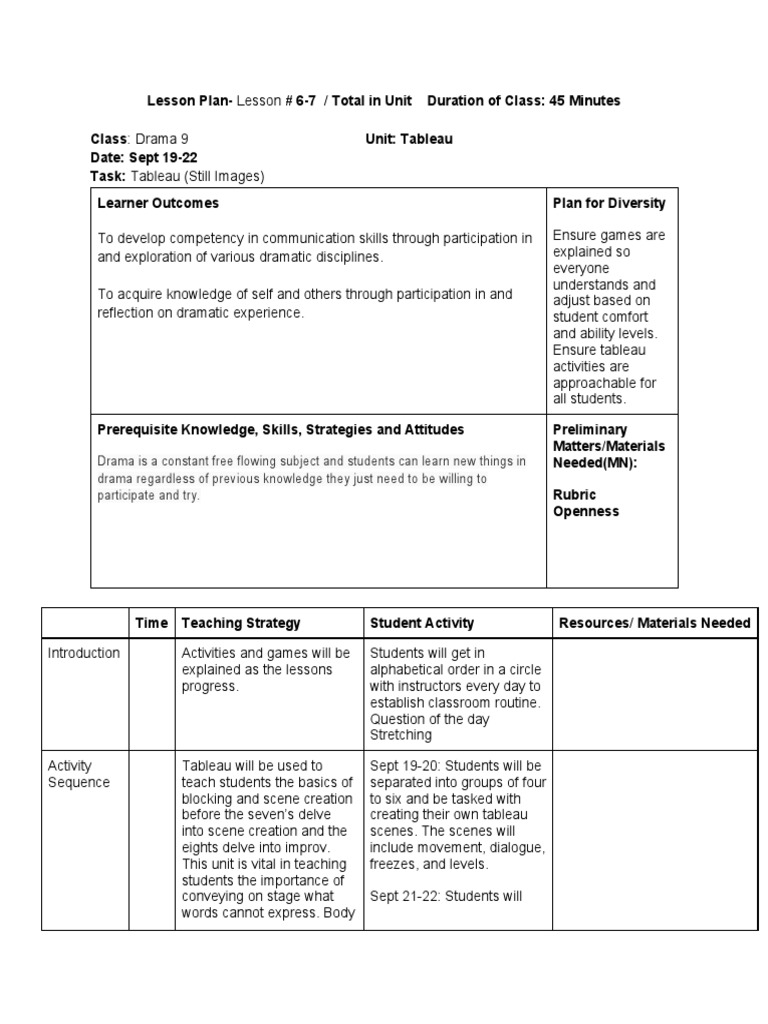 Drama 9 Week 3 Lesson Plan | PDF | Lesson Plan | Teaching Method