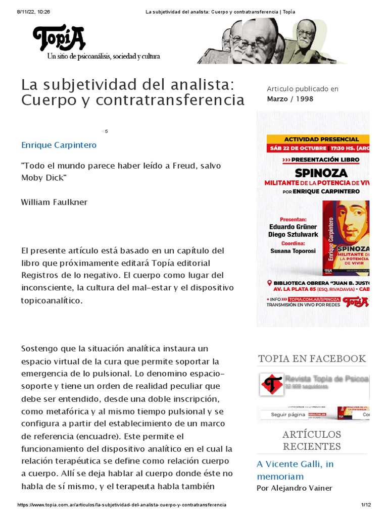 Carpintero, E. La Subjetividad Del Analista - Cuerpo y Contratransferencia - Topía | PDF ...
