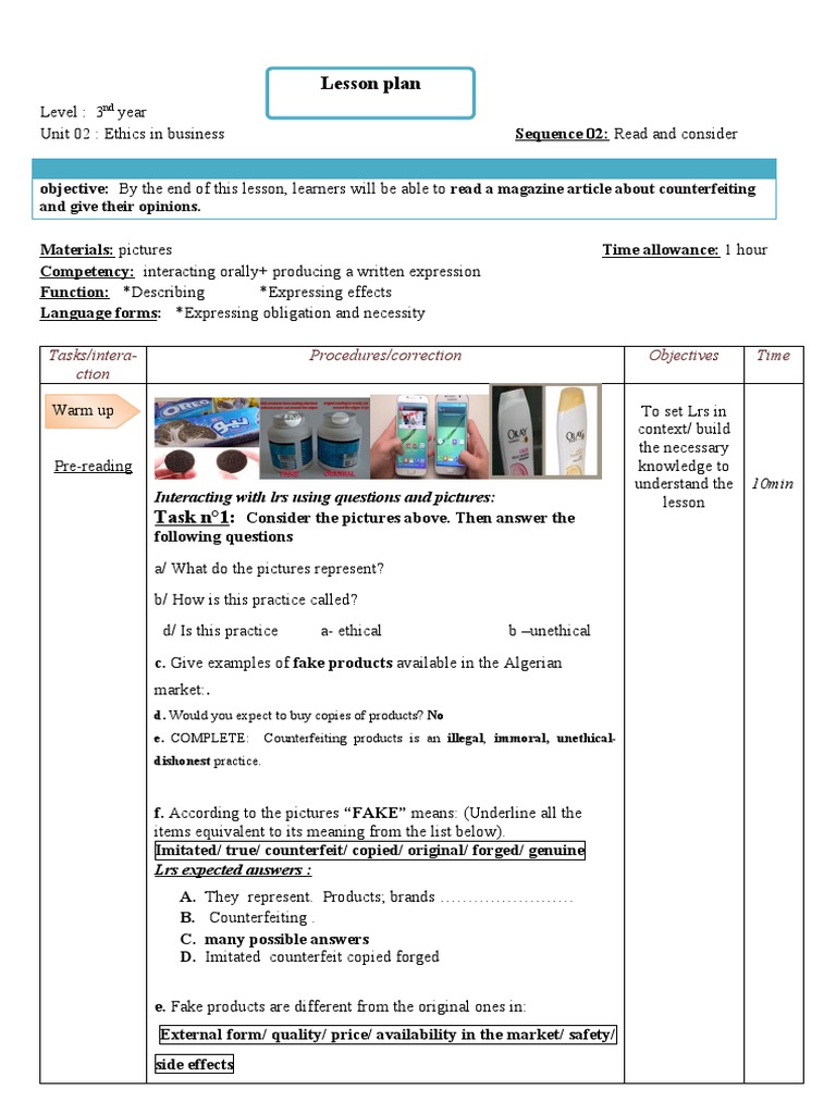 Ethics Sequence2 Lesson Plan | PDF | Counterfeit | Brand