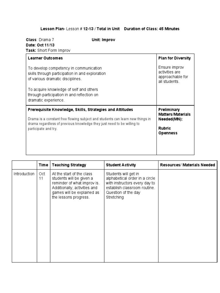 Drama 7 Improv Lesson Plan | PDF | Lesson Plan | Improvisational Theatre
