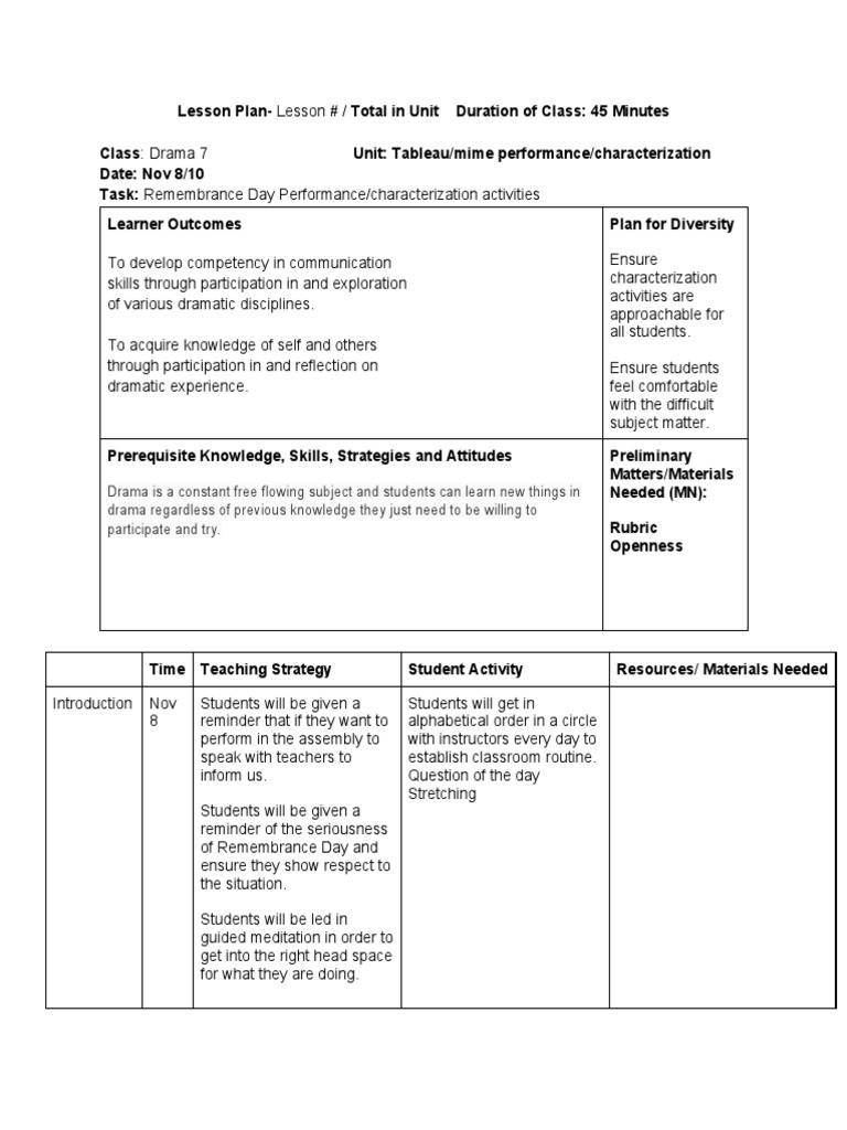 drama 7 week 10 lesson plan | PDF | Lesson Plan | Change