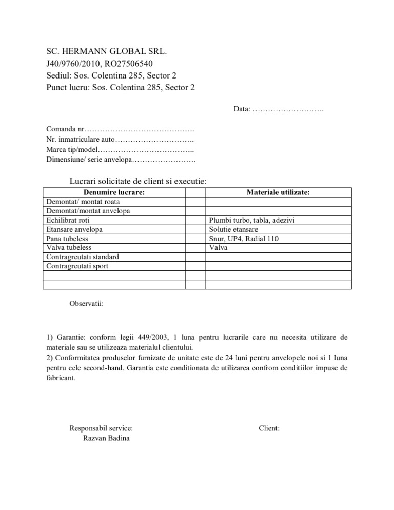 Bon Comanda Vulcanizare CMF RAR | PDF