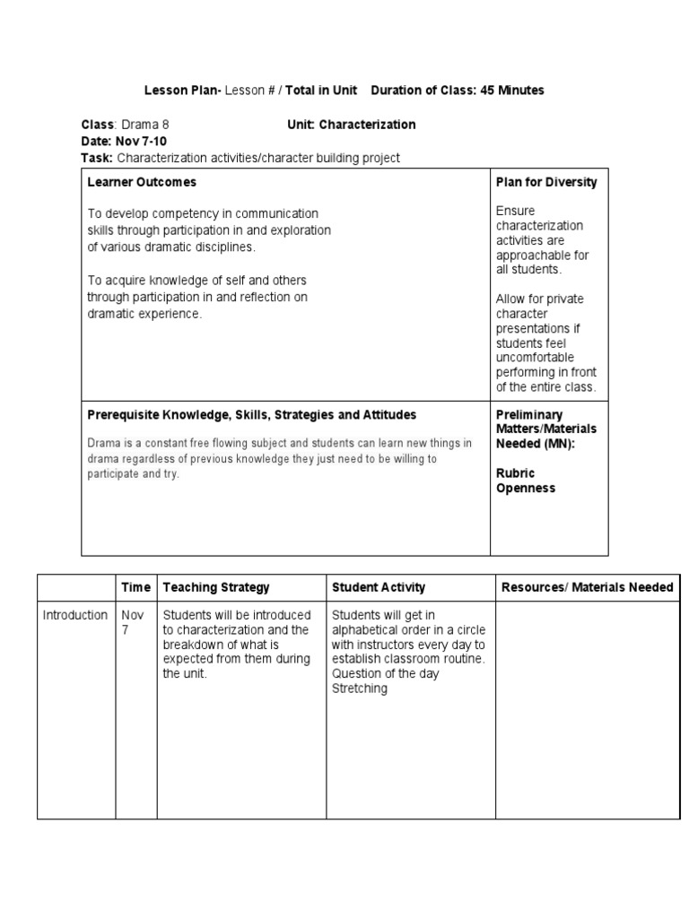 Drama 8 Week 10 Lesson Plan | PDF | Lesson Plan | Pedagogy