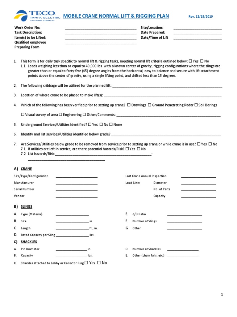 Mobile Crane Normal Lift and Rigging Plan Form | PDF | Crane (Machine)