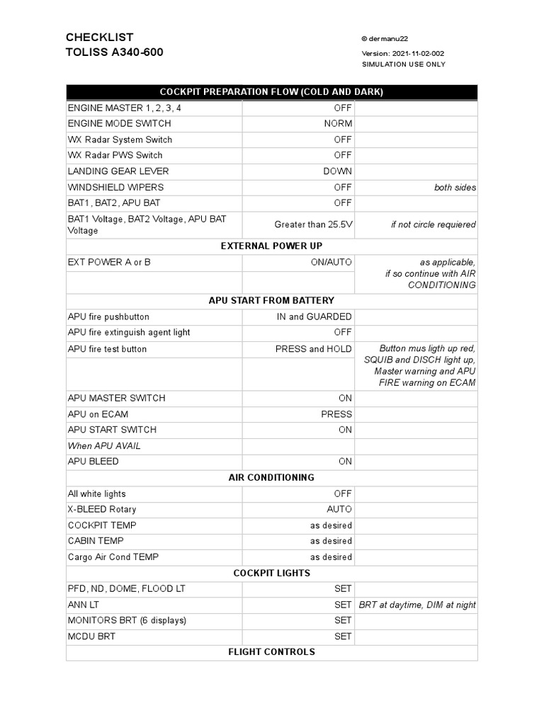 CHECKLIST A340-600-ToLiss-V003 | PDF | Cockpit | Aerospace