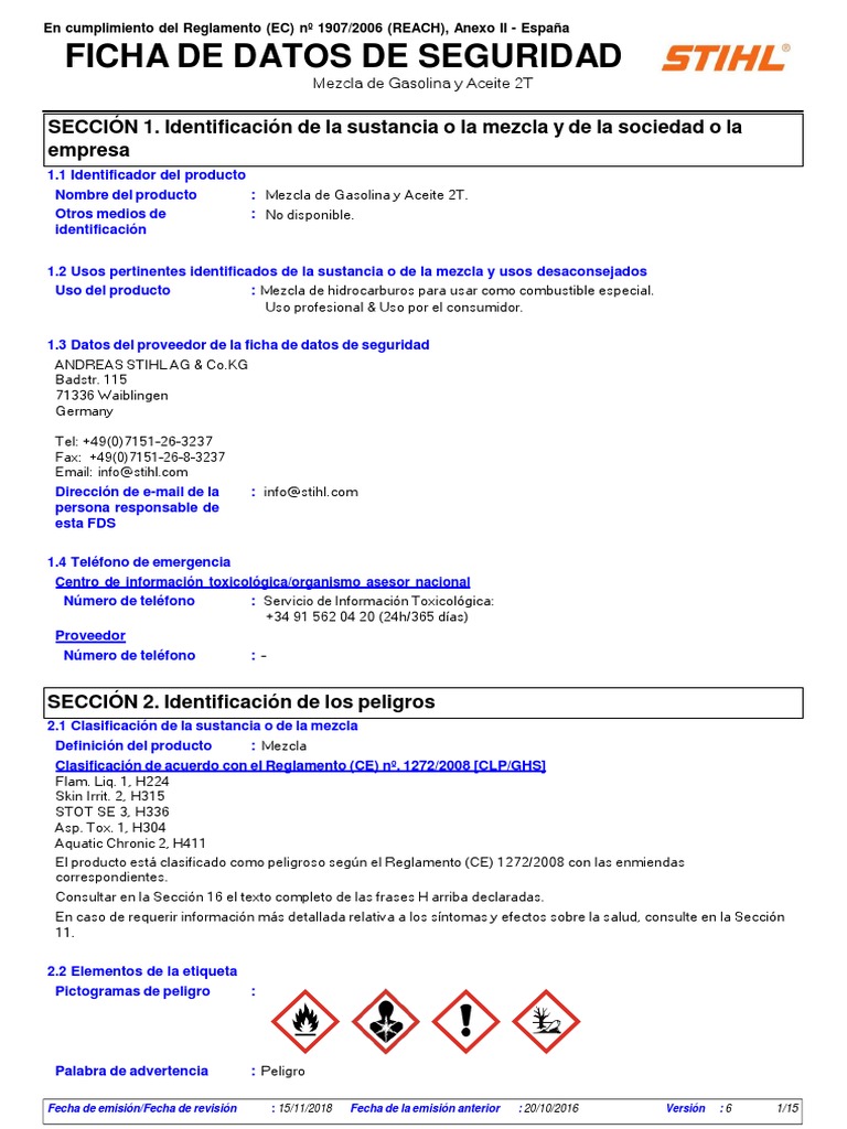 FDS Mezcla Gasolina y Aceite 2T | PDF | Residuos | Agua