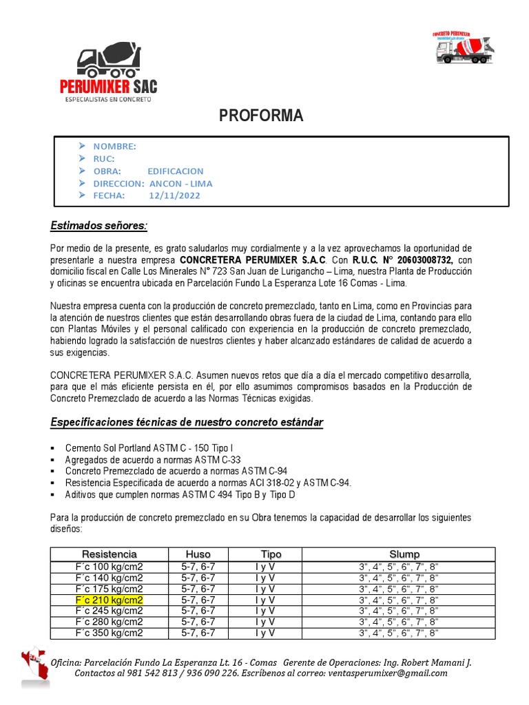 Proforma Concreto Perumixer Sac - 2 | Descargar gratis PDF | Hormigón ...