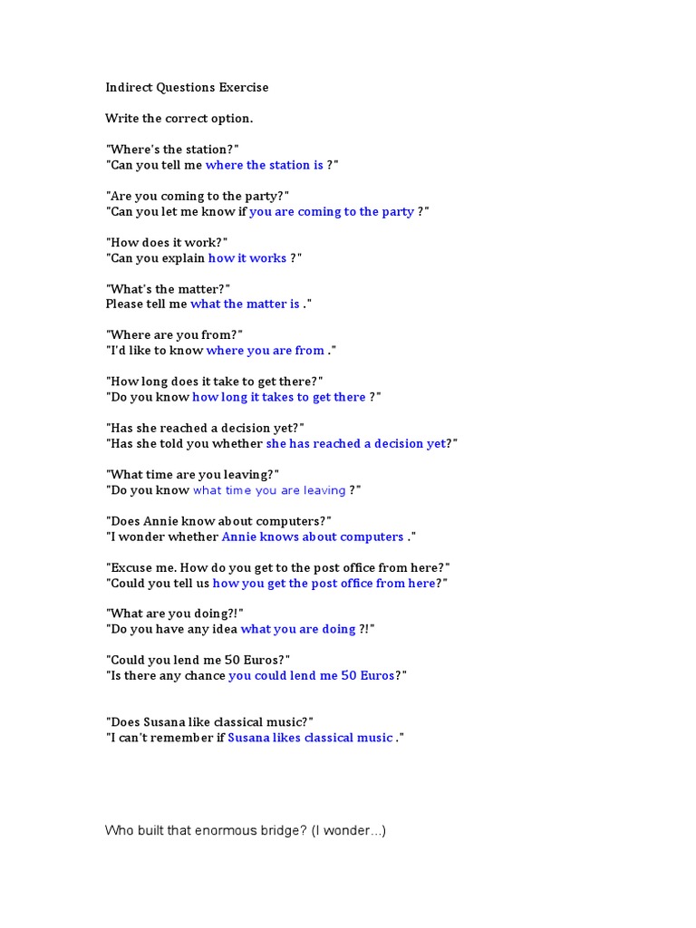 Indirect Questions Exercise | PDF | Art | Mystery, Thriller & Crime Fiction