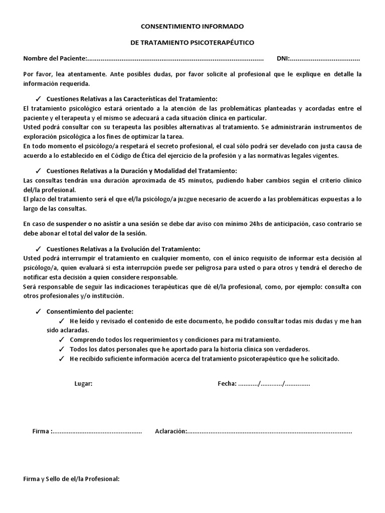 Consentimiento Informado en Psicoterapia | PDF | Consentimiento ...