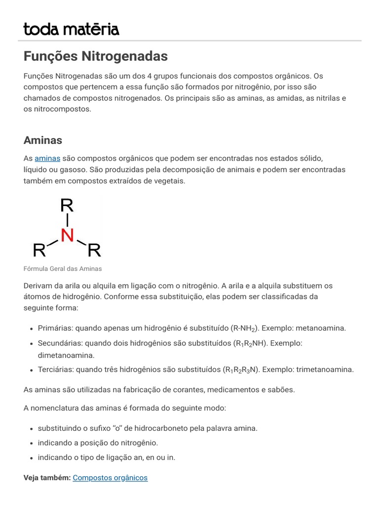 Funções Nitrogenadas - Aminas, Amidas, Nitrocompostos e Nitrilas | PDF ...