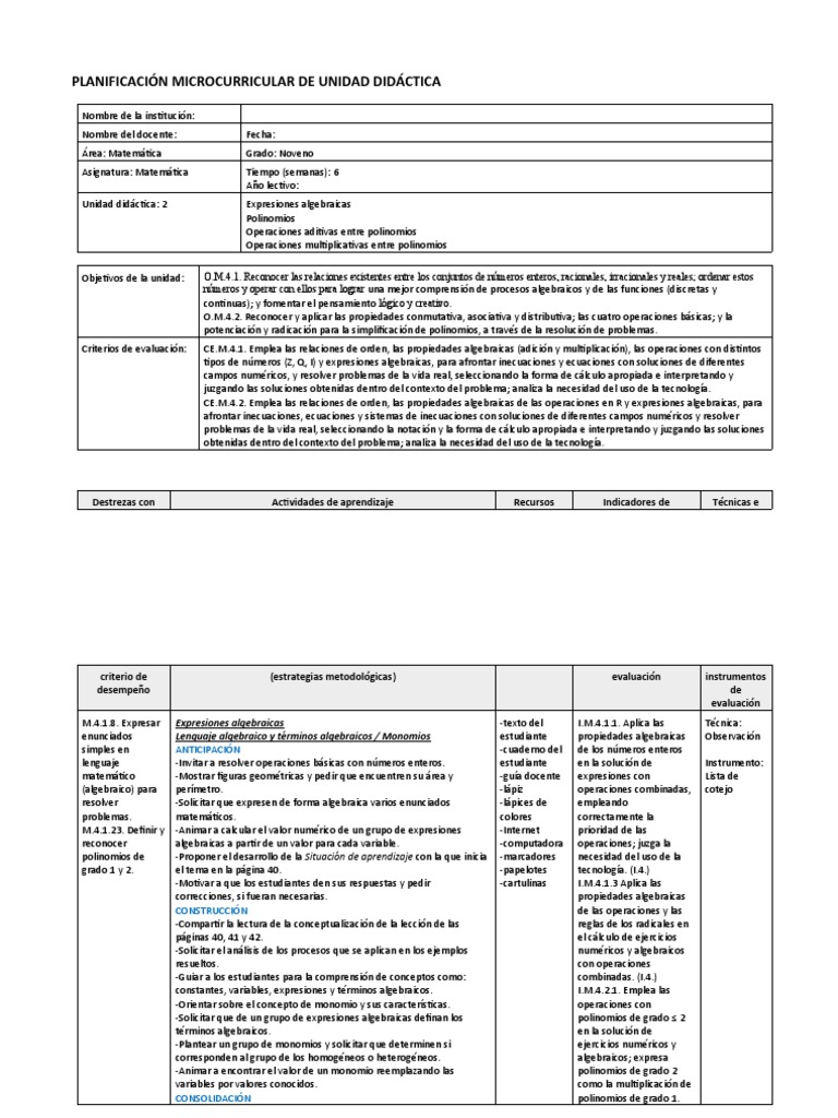 Plan M9 U2 | PDF | Multiplicación | Polinomio
