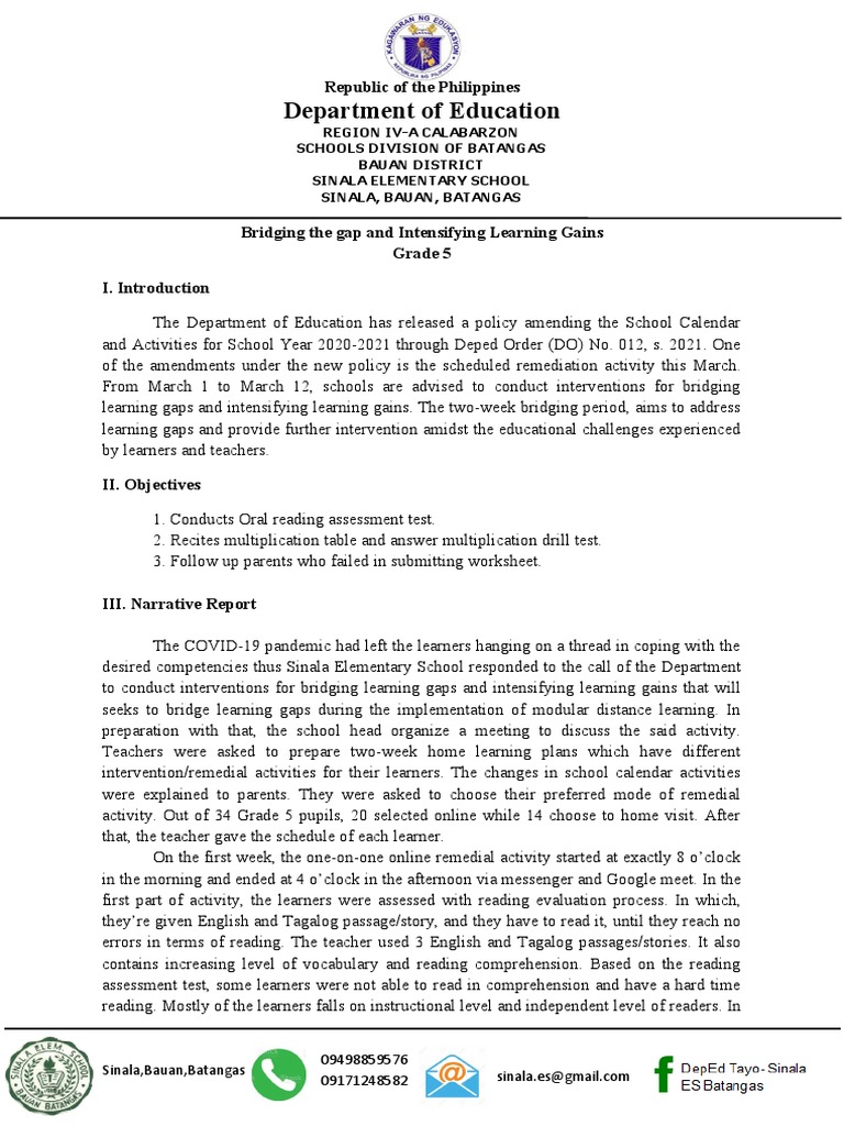Grade 5 Remedial Activities Report | PDF | Learning | Reading Comprehension
