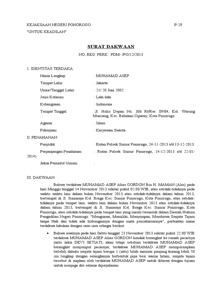 Dakwaan Terhadap Muhamad Asep di Ponorogo | PDF
