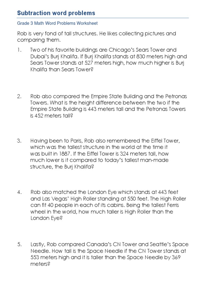 Subtraction Word Problem | PDF | Home & Garden