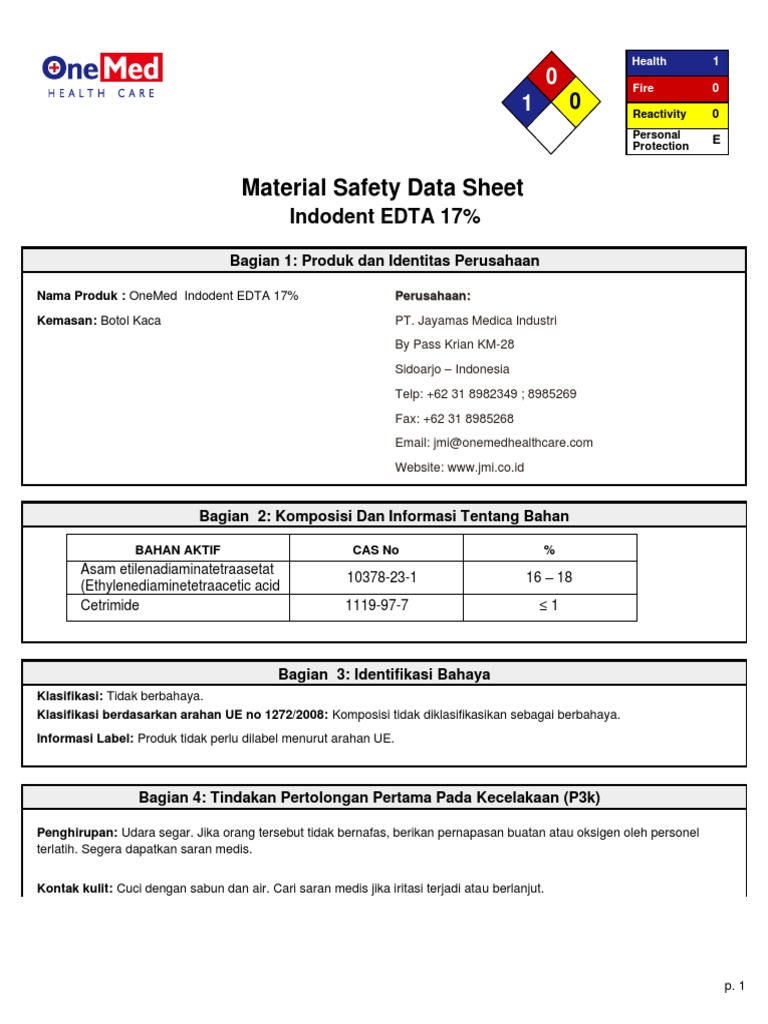 Msds Indodent EDTA 17% - Ind | PDF