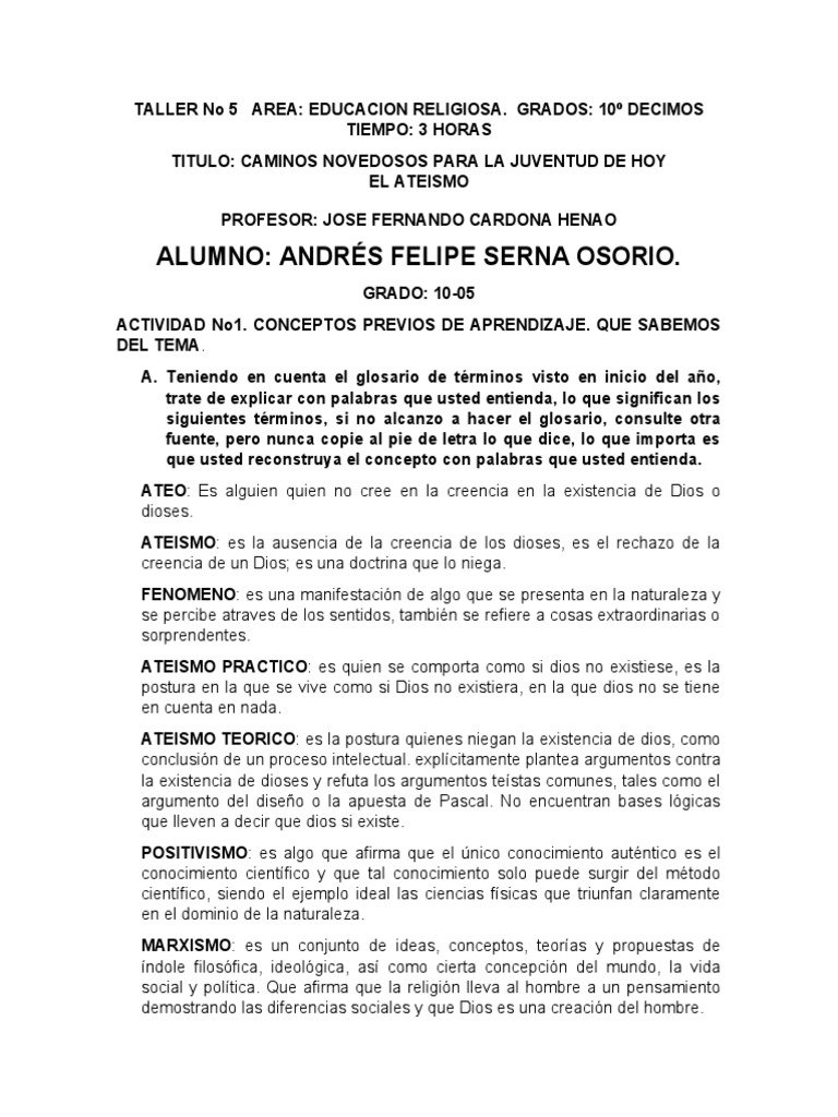 .SERNA OSORIO ANDRÉS FELIPE TALLER No 5 | PDF | Ateísmo | Dios